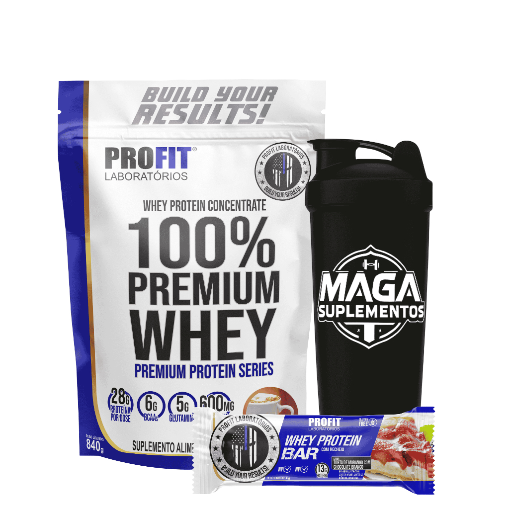 100% whey premium 840g Profit + Coqueteleira Maga Suplementos + Barra de Proteina | Shopee Brasil