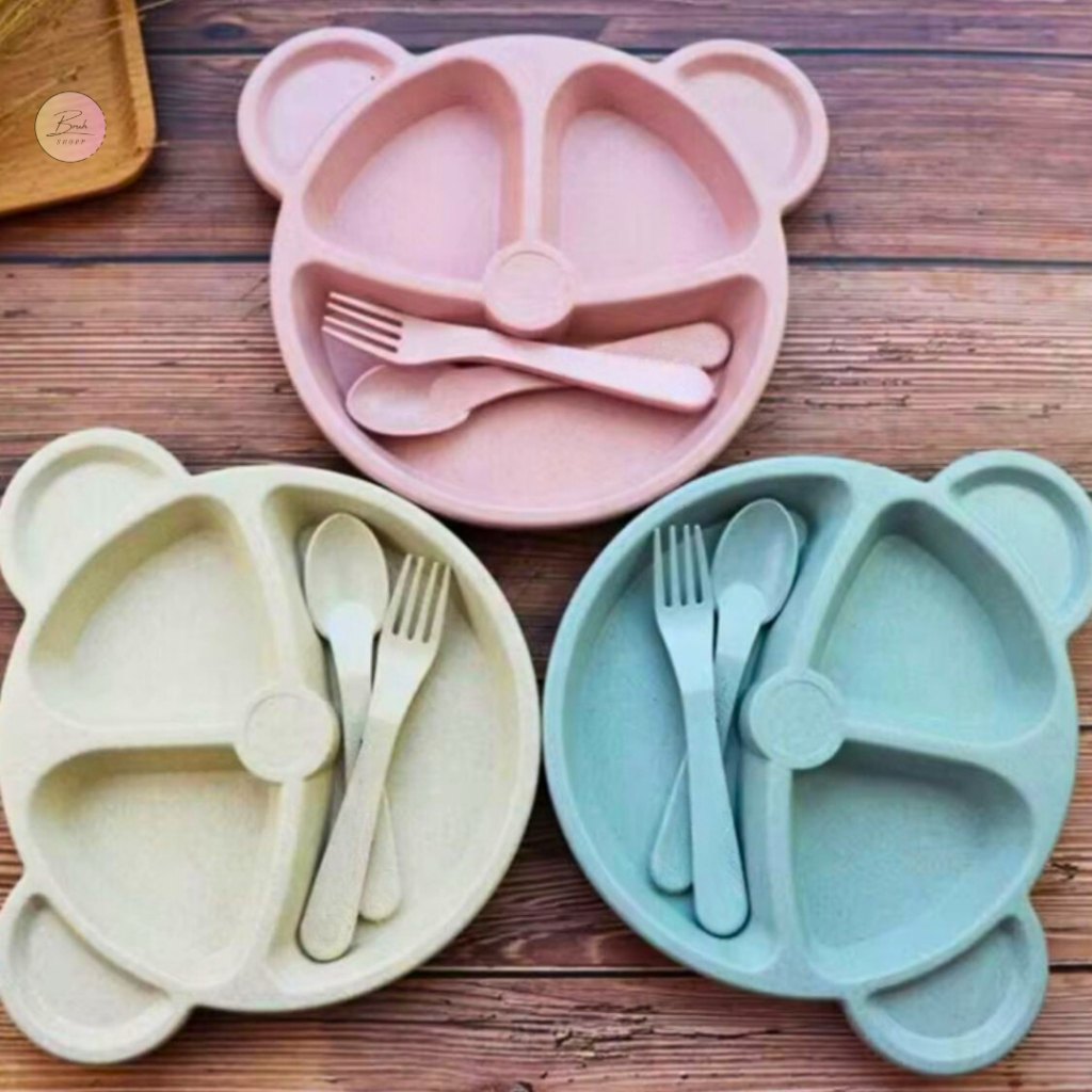 Prato Urso com 3 Divisórias Infantil Com talheres Colorido kit ...