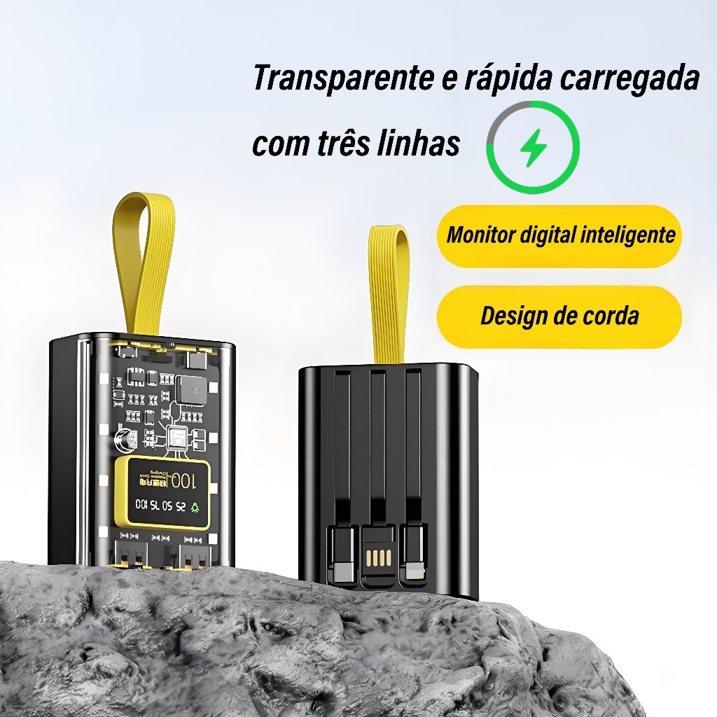 Power Bank 10000mAh Transparente Com Cabo Integrado Carregamento Rápido ...