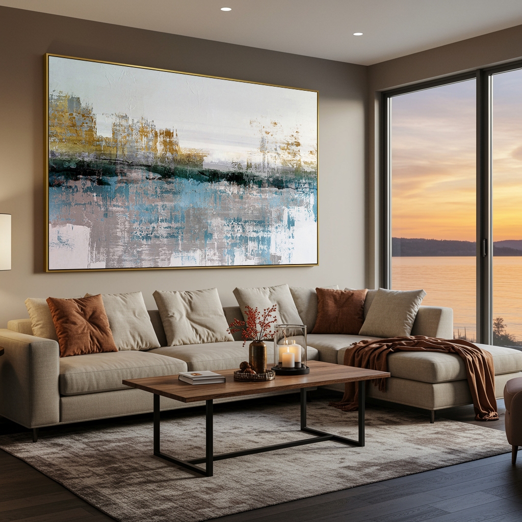 Quadro Decorativo Abstrato Dourado Azul Branco e Cinza Horizontal Sala ...