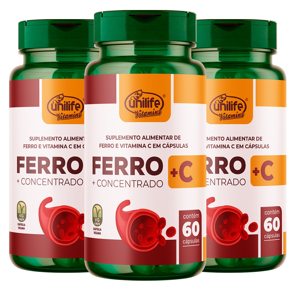 FERRO COM VITAMINA C ÁCIDO ASCÓRBICO UNILIFE 60 CAPS KIT 3 | Shopee Brasil