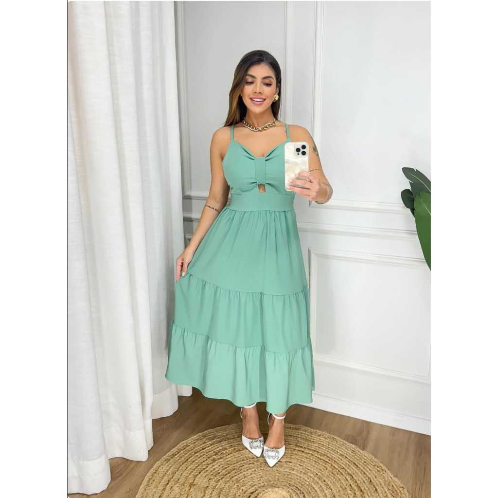 Vestido Midi Feminino com Alças – liso VeRDE MENTA | Shopee Brasil