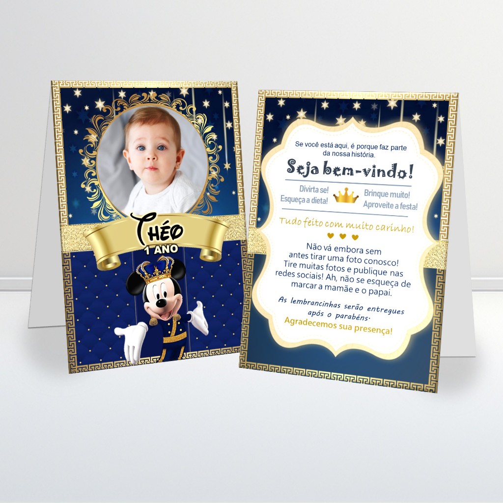 Cartão Agradecimento de Mesa • Placa Mickey realeza • Lembrancinha ...