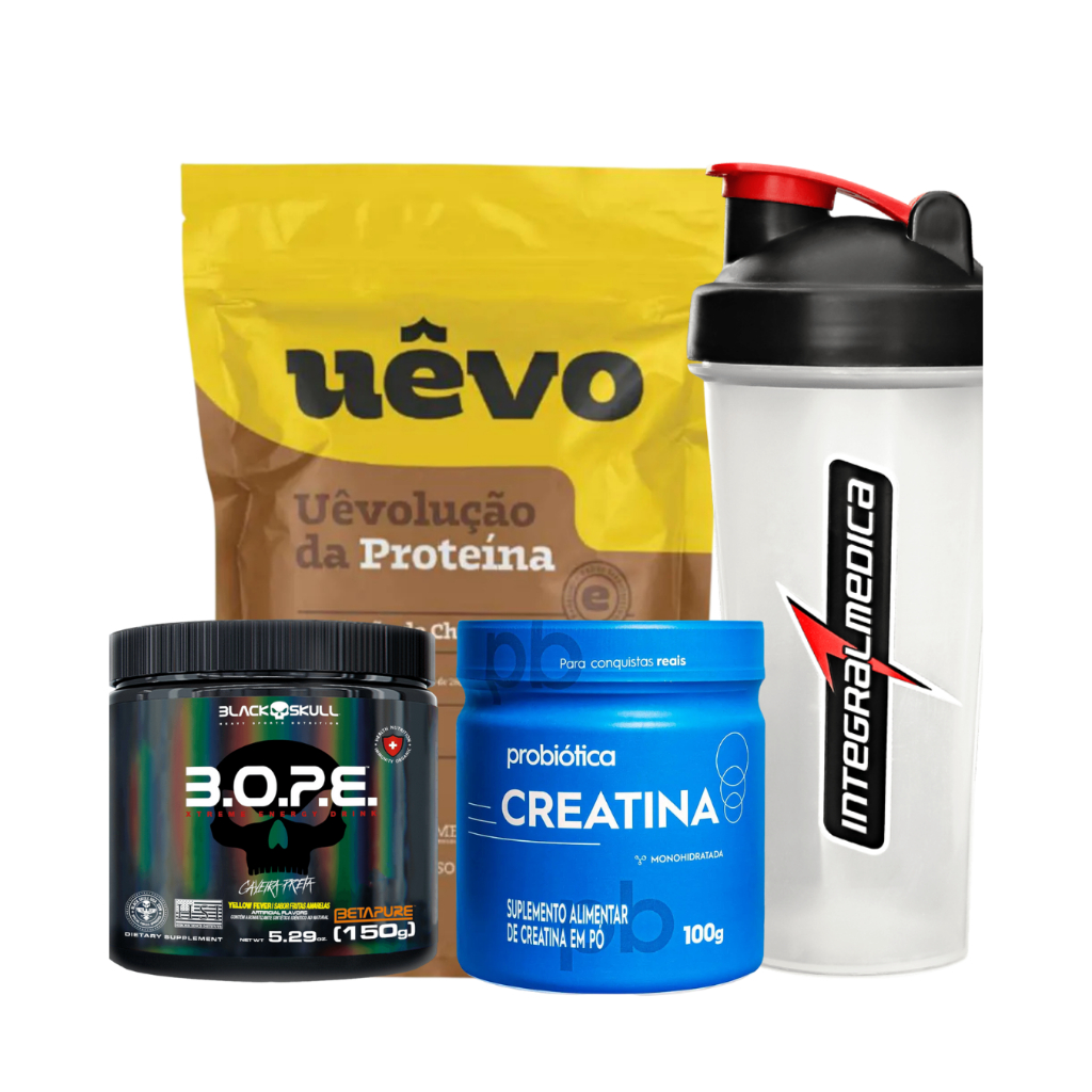 Kit de Suplementos (Massa Muscular) Protein Uêvo 1Kg + Creatina 100g + Pré treino Bope 150g ...