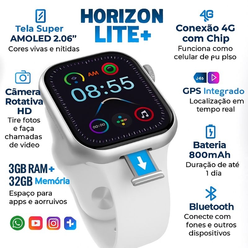 SMARTWATCH 4G HORIZON LITE+TELA AMOLED WHATSAPP INSTAGRAM YOUTUBE TIK ...