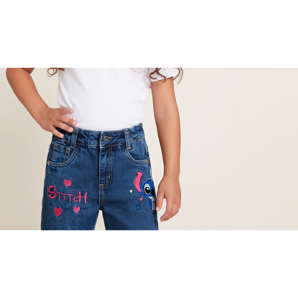Calça Jeans Meninas Bordada Lilo & Stitch 4 ao 10 | Shopee Brasil