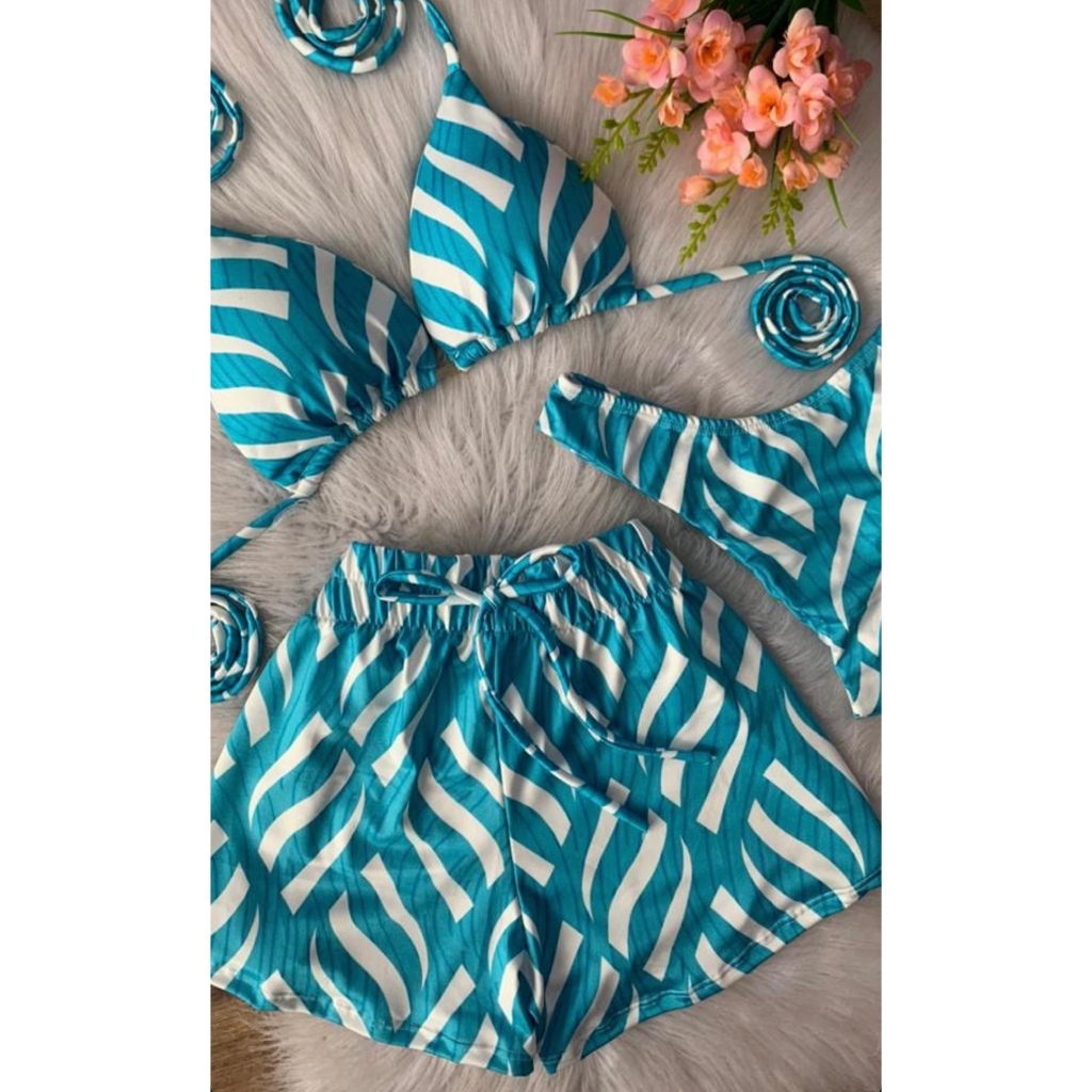 Biquini Com Shorts Conjunto Trikini 3 Peças Praia Moda Tendência saída ...