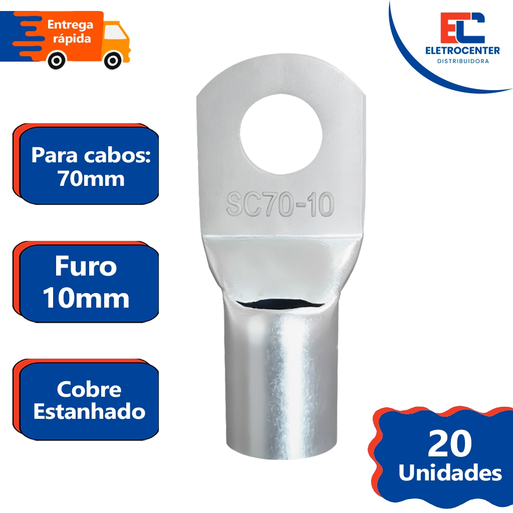 Kit 20 Terminal Olhal Compressão Cobre M10 Cabo 70mm Furo 10mm | Shopee ...