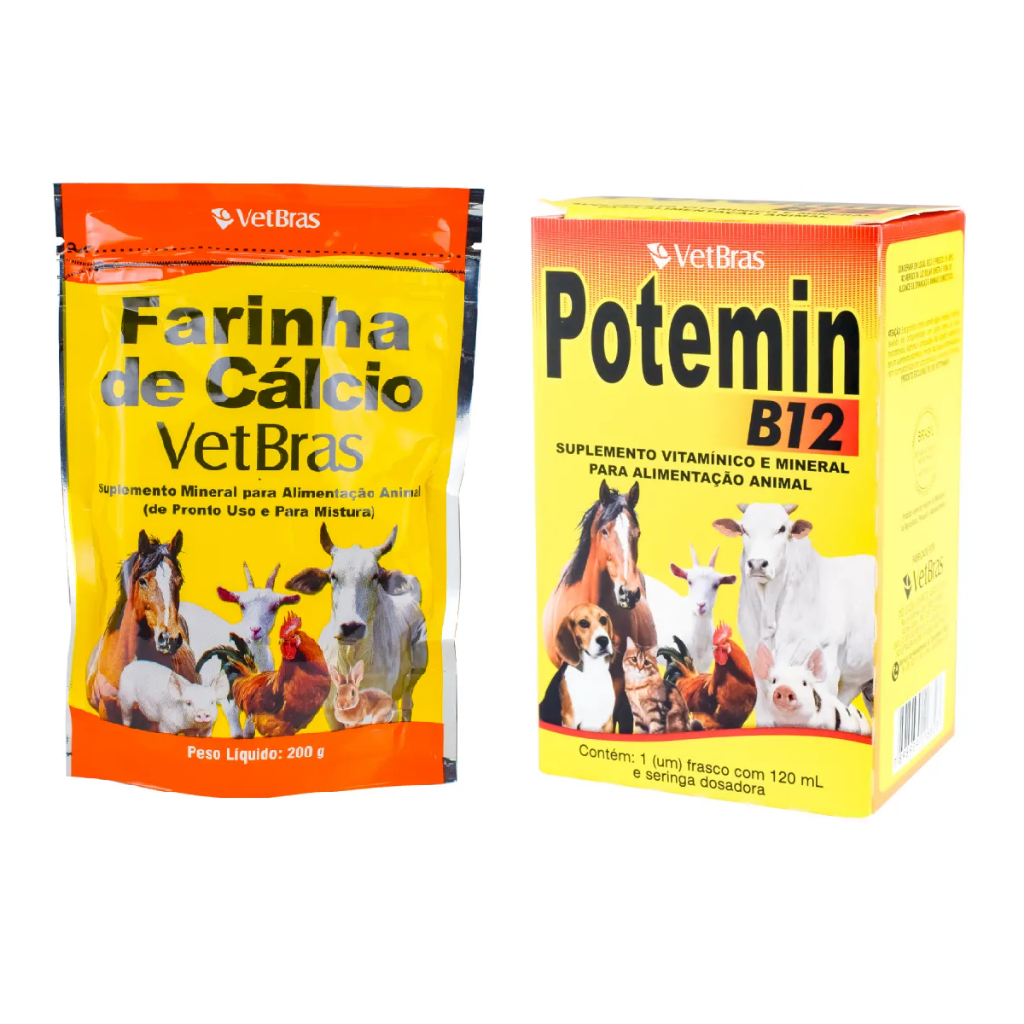 Kit Suplemento Vitamínico Vetbras Potemin B12 120ml + Farinha De Cálcio ...