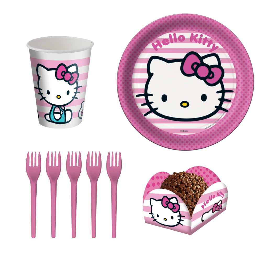 Kit Festa Hello Kitty 8 Copos 200ml + 8 Pratos 18 cm + 40 Forminhas + 10 Garfos Festcolor ...