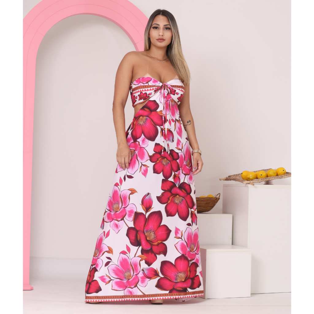 Vestido femenino longo Farm con lastex y bojo | Shopee Brasil