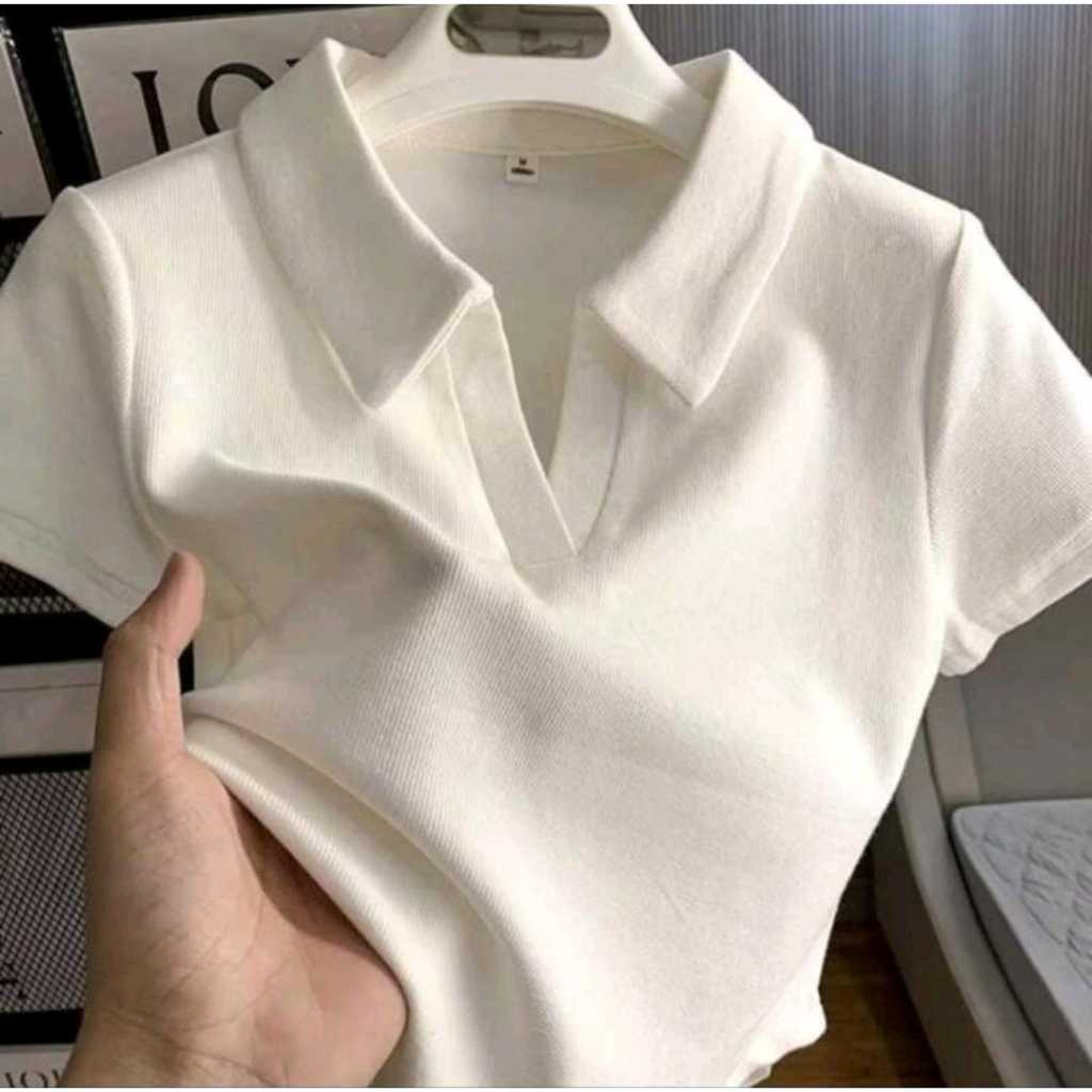 Blusa Polo Feminina Branca Canelada Gola V Manga Curta Casual Chic ...