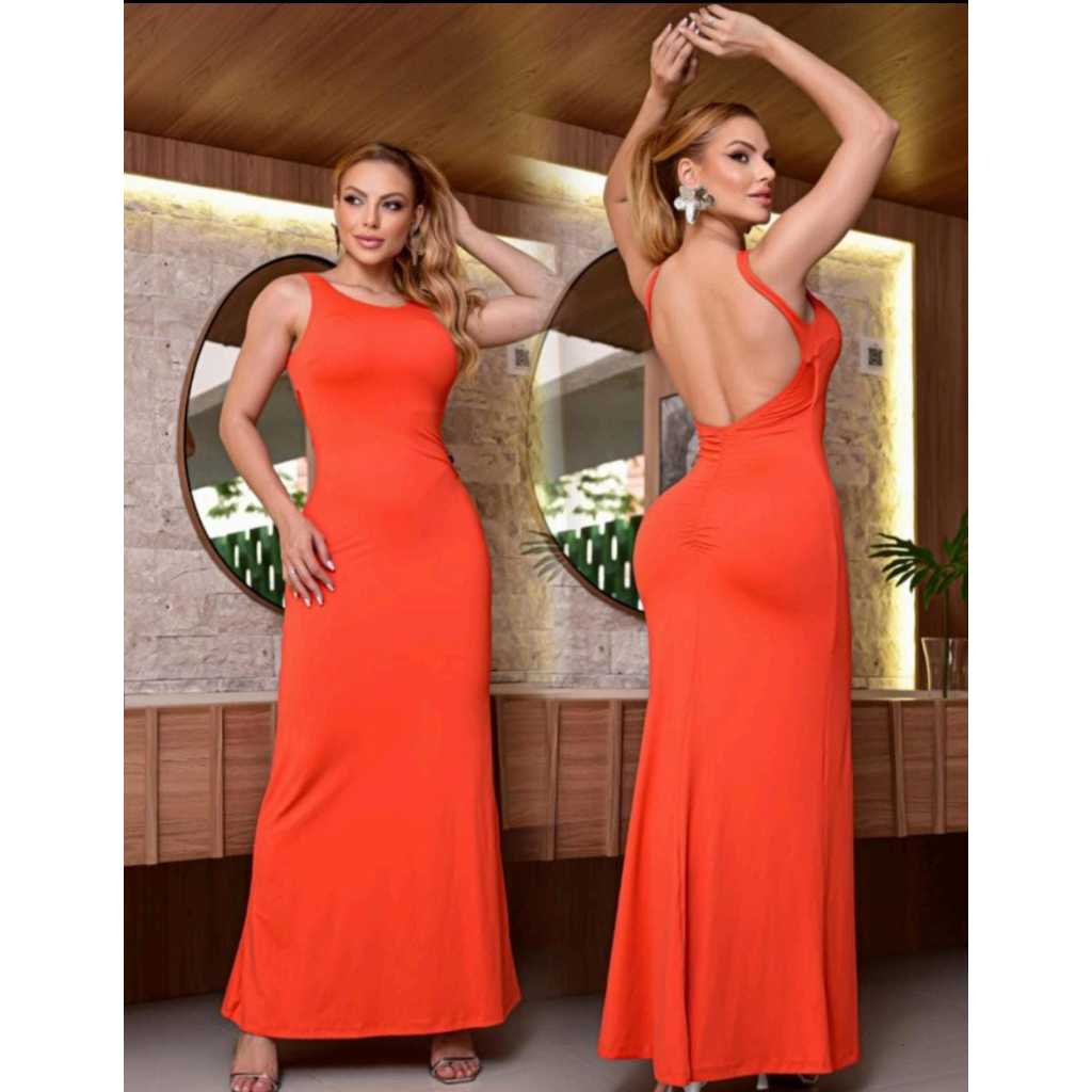 Vestido Longo: Tecido Suplex Feminino Laranja Elegante Ajustado com ...