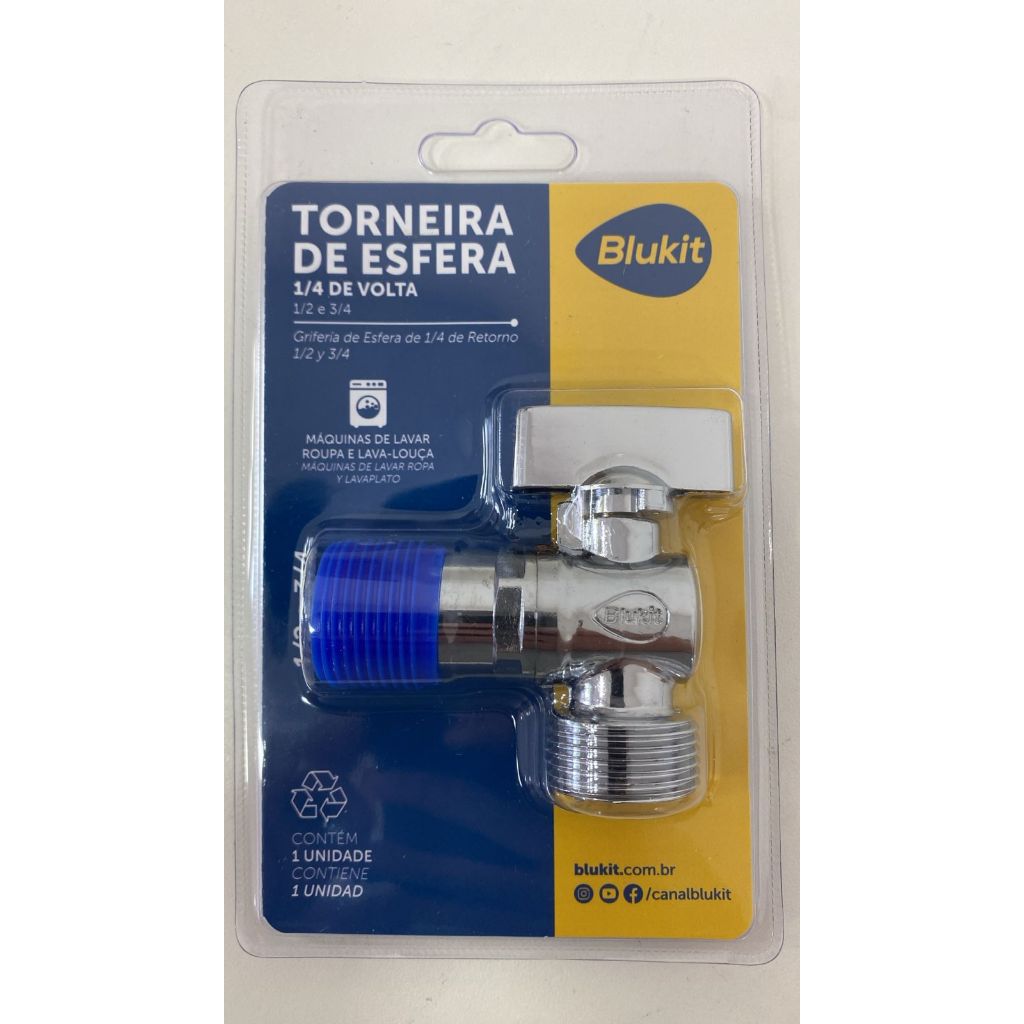 Torneira Esfera 1/4 Volta Blukit 190121 1/2 x 3/4 Cromada p/ Máquina de ...