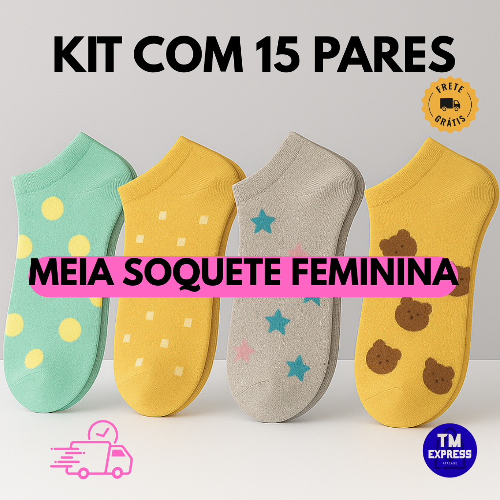 meia feminina kit com 15 pares / meia academia feminina conforto ...