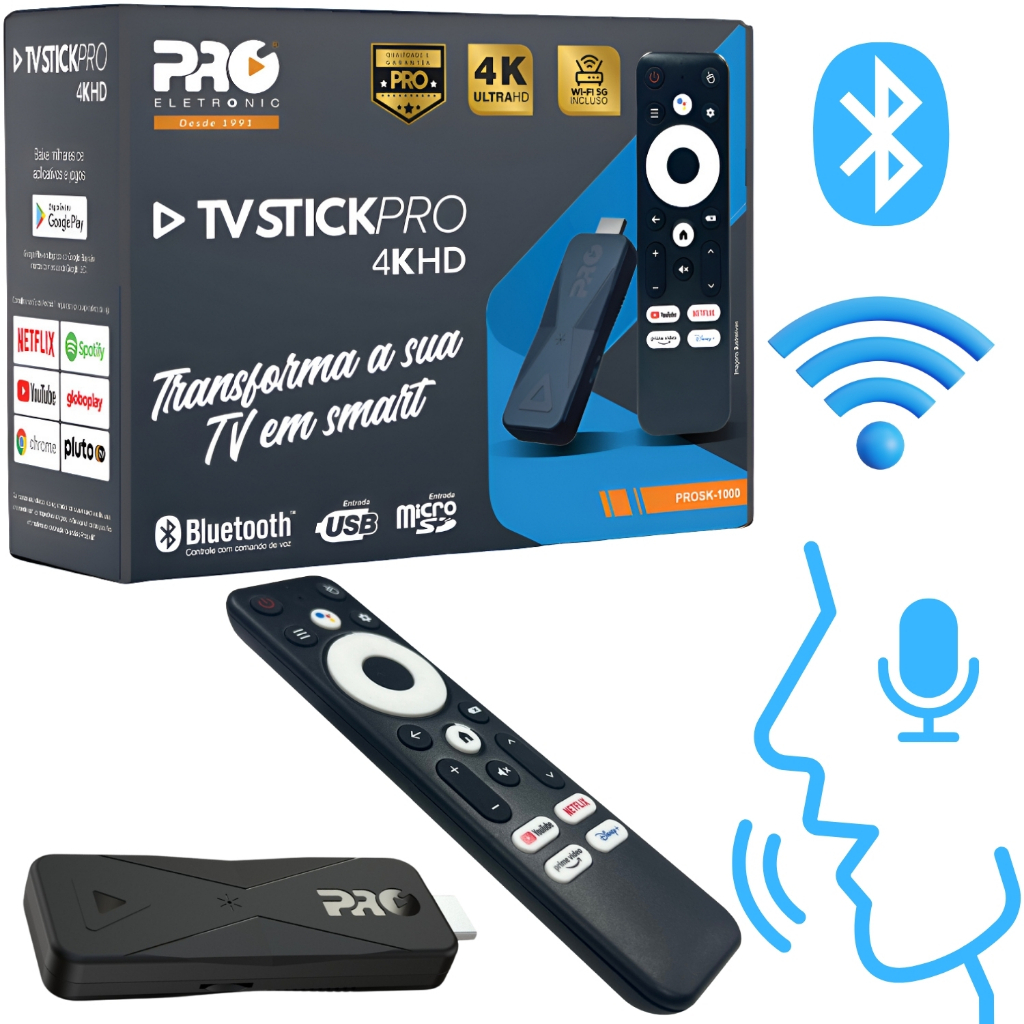 Stick Tv Streaming Pro 4k Android Smart Controle Voz Wi-fi Bluetooth ...