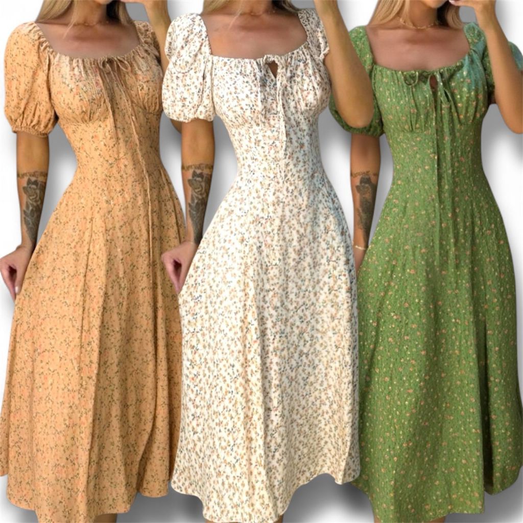 Vestido Midi Camponesa – Preto, Branco, Vermelho, Verde, Azul, Amarelo ...