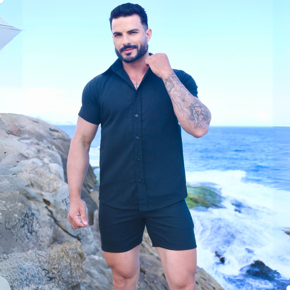 Conjunto Masculino Linho Premium Camisa Slim Fit e Short Mauricinho ...