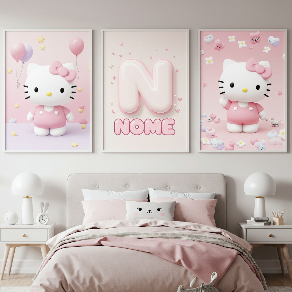 Quadro Decorativo Hello Kitty Personalizado Com Nome Kit 3 Peças Quarto ...