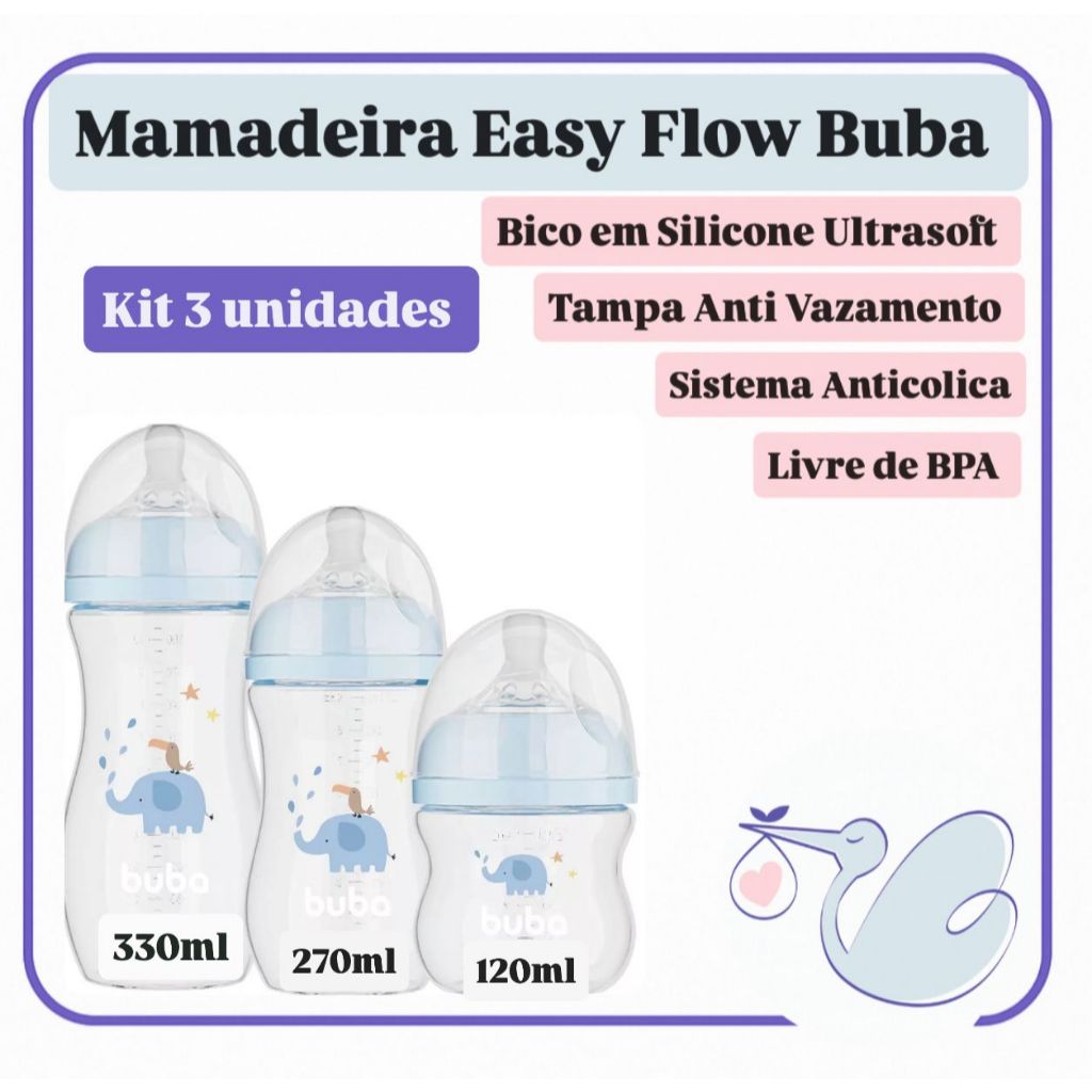 Kit Mamadeira Easy Flow Buba com 3 Elefante Anticólica Bico Ultrasoft Silicone 120ml 270ml 330ml ...
