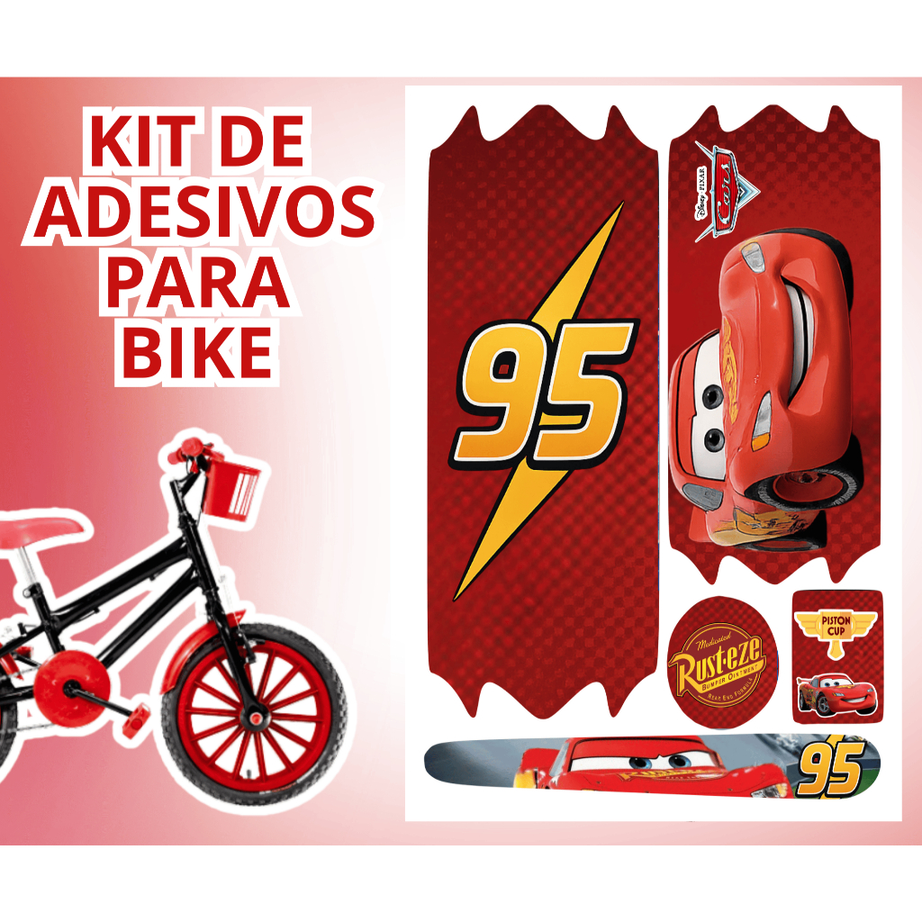 🚗 Kit Adesivos Bike Infantil – Relâmpago McQueen Disney Pixar Cars | Aros 12 14 20 24 | Corrida ...