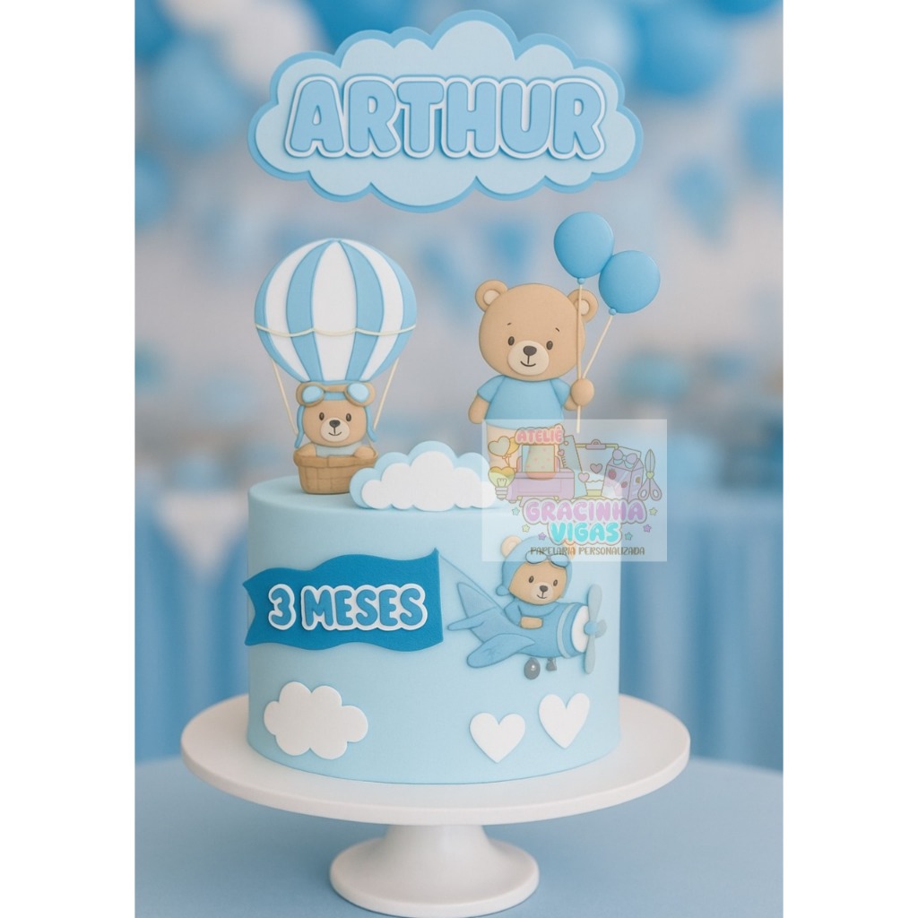 Topo de bolo Ursinho Baloeiro Mesversário Topo Urso Azul Balões Topo ...