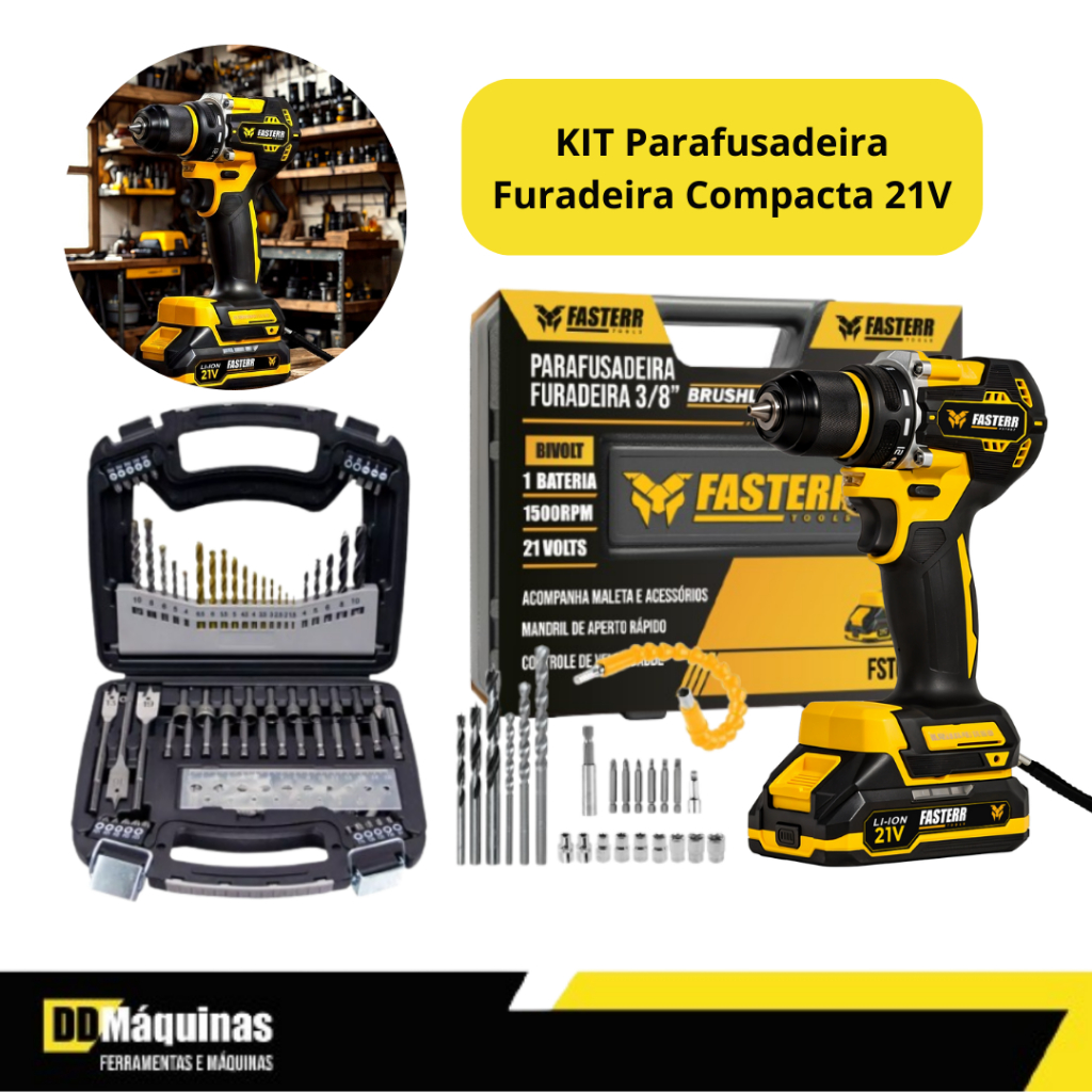 Combo Profissional Furadeira/Parafusadeira 21V Compacta + Kit Brocas ...