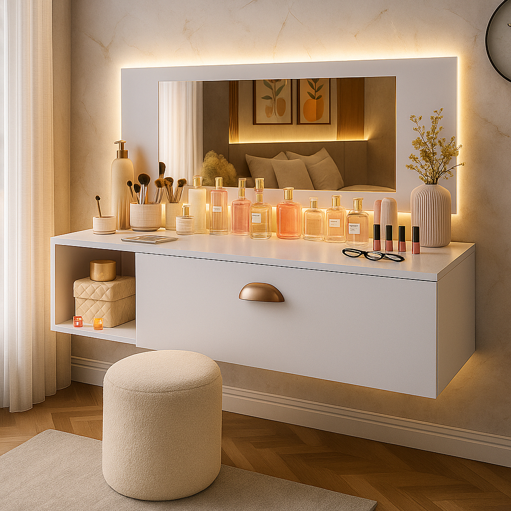 Penteadeira Decor Suspensa de Camarim COM ESPELHO Gaveta Com 3 Divisórias e Puxador MAKE UP ...