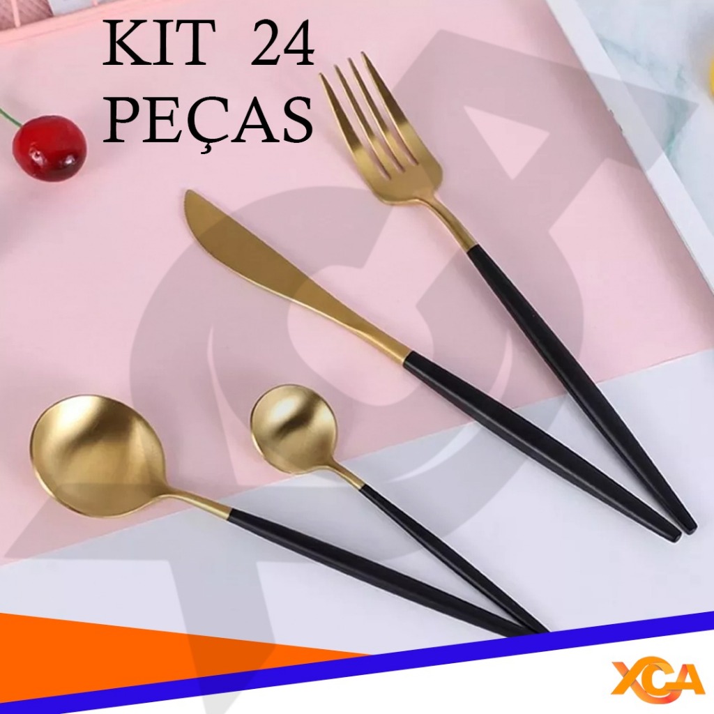 Conjunto Talheres Aço Inoxidável 24 Peças Dourado Preto Luxo Festa ...