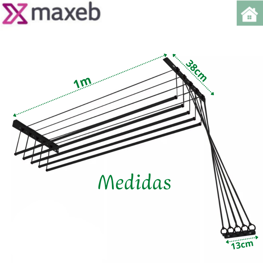 Varal Teto Ou Parede 5 Varetas Individuais 100% Aço Maxeb Branco ou ...