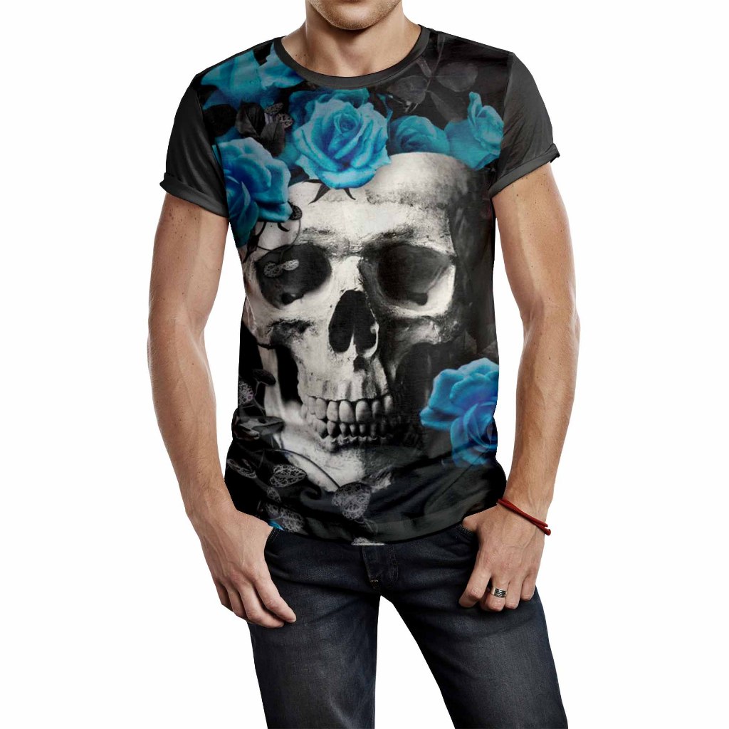 Camiseta Caveira com Rosas Azuis – Estampa Gótica Realista em Fundo ...