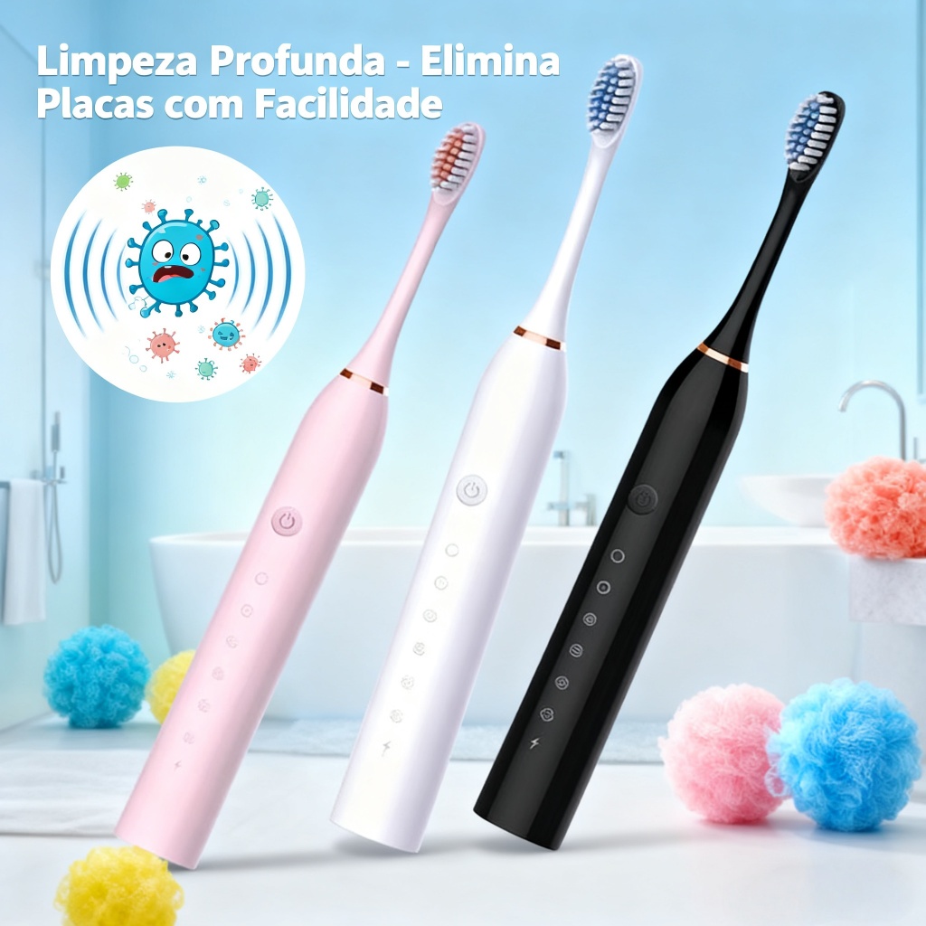 Escova Dental Elétrica Ultrassônica IPX7 – Limpeza Profunda 360° e ...