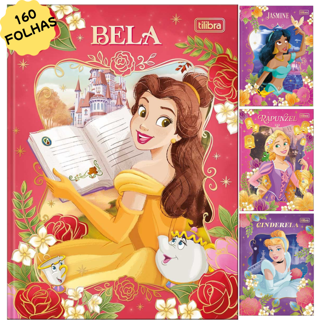 Caderno 160 Folhas Decoradas Brochura Colegial Princesas Disney ...