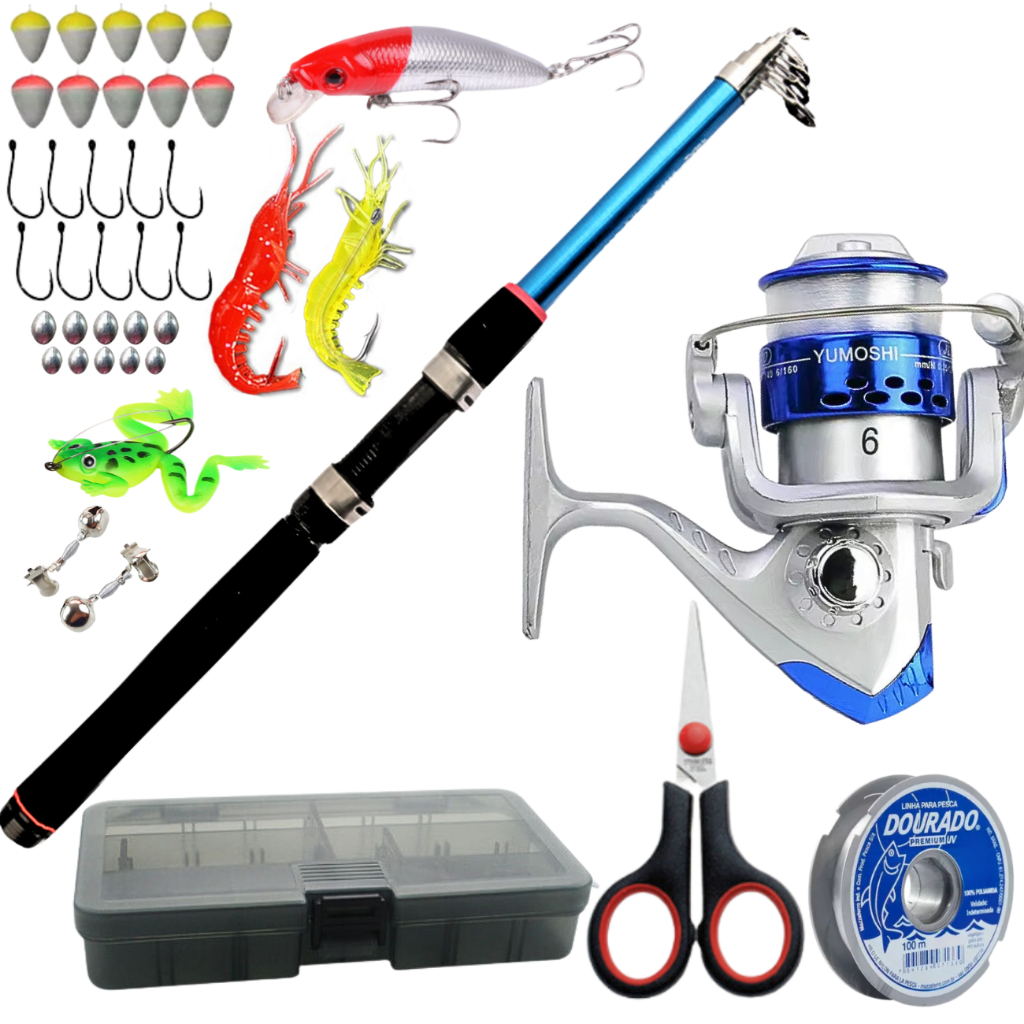Molinete com Vara de Pesca Telescopica 1,80 Sambura Kit Anzol Isca ...
