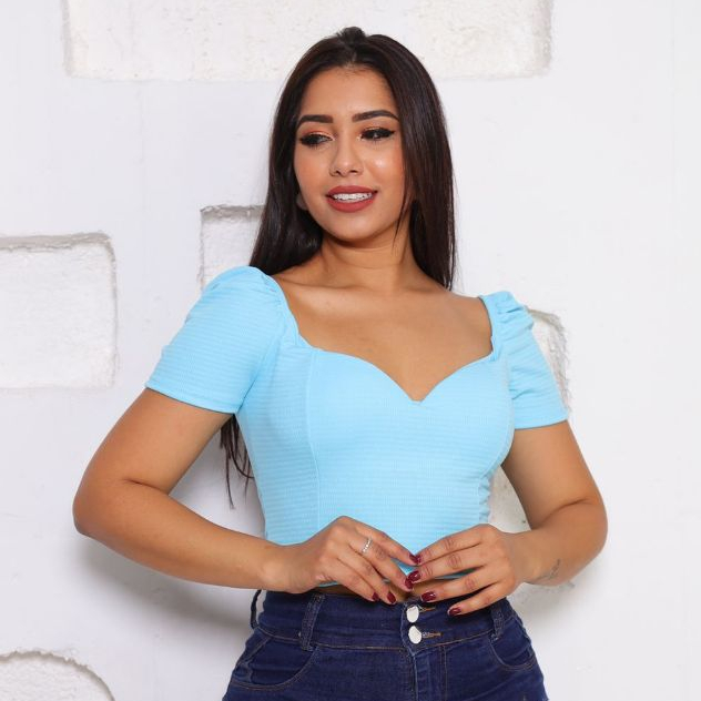Cropped Feminino Top Manga Princesa Decote coração Com Bojo Elastex na ...
