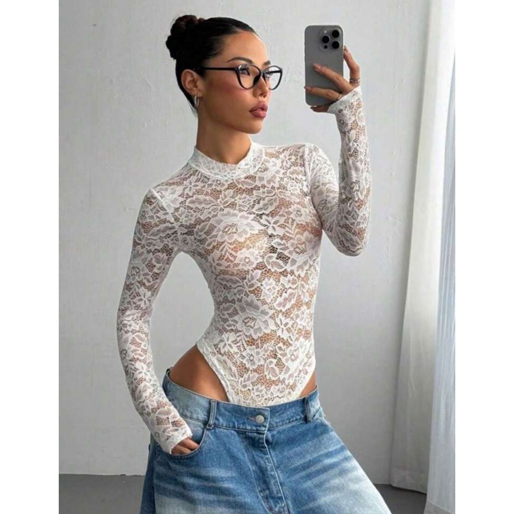 Body Feminino Manga Longa Renda Transparente Sexy Inverno Festa Look ...