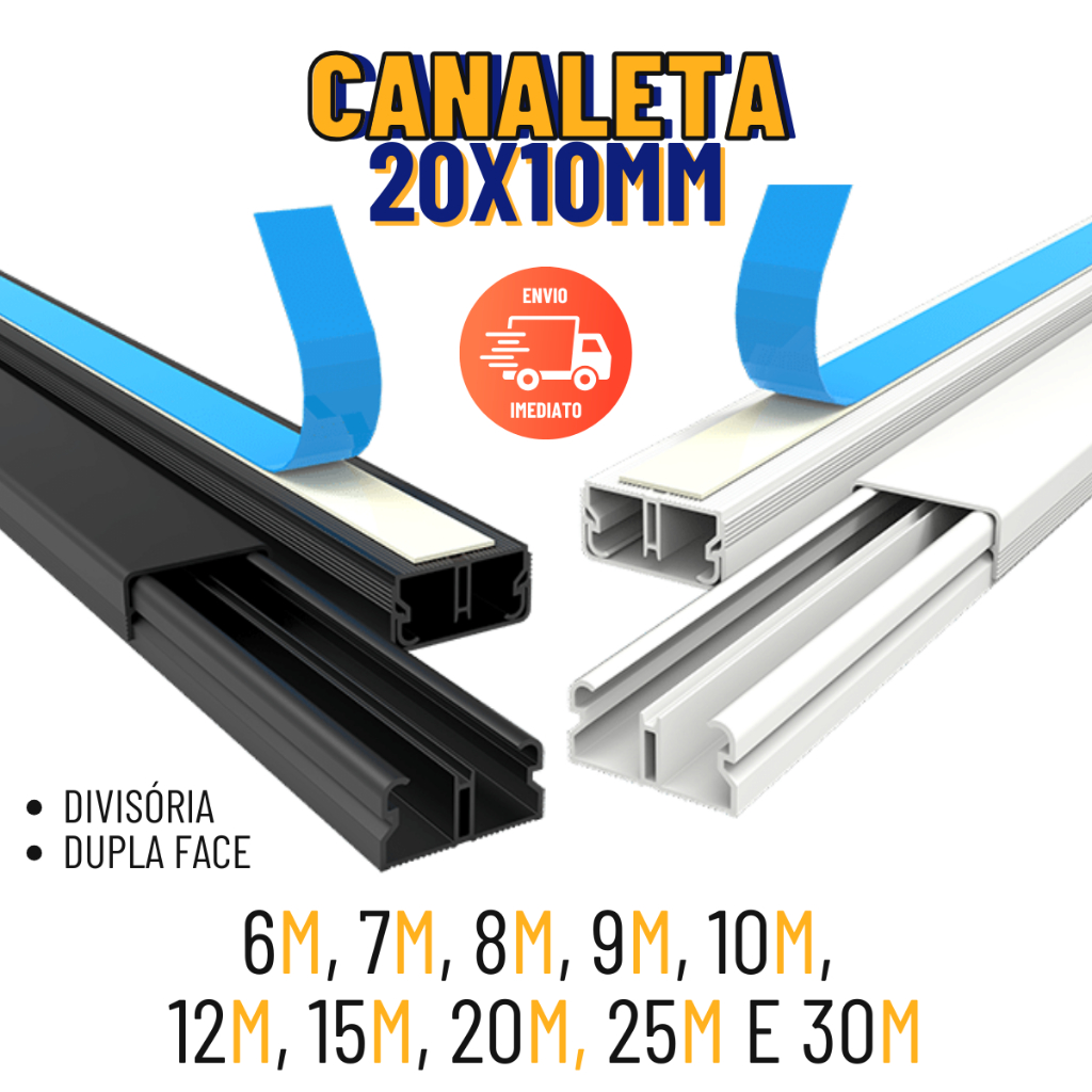 Canaleta 20x10mm PVC Painel Canaletado Organizador Fios Preta Branca ...