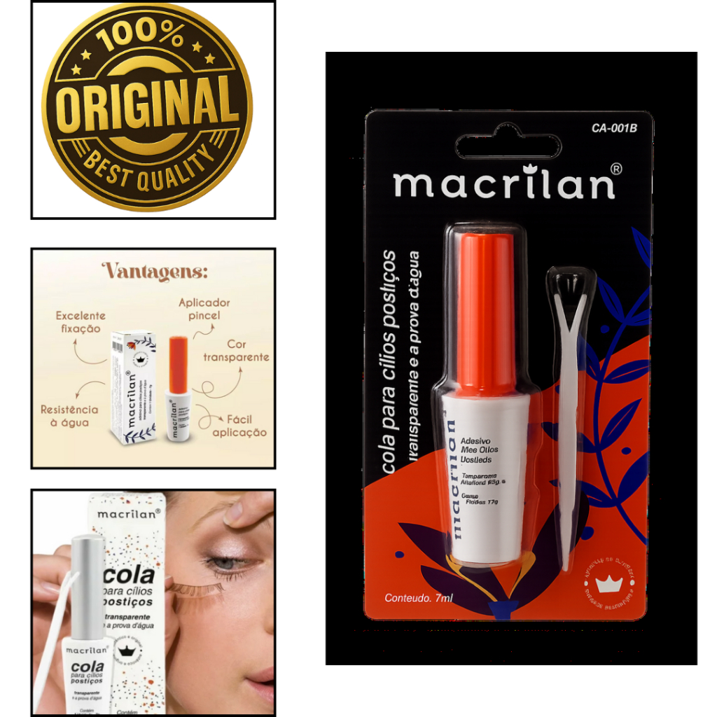 COLA PARA CÍLIOS POSTIÇOS + APLICADOR MACRILAN — TRANSPARENTE & À PROVA ...