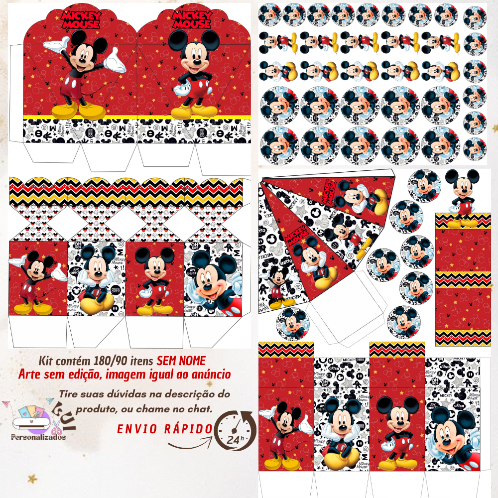 KIT COM 180/90 ITENS LEMBRANCINHAS S/COM NOME TEMA: MICKEY (Envio ...