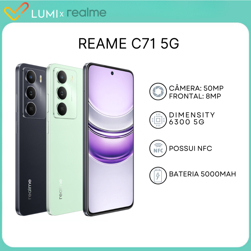 Realme C71 5G, Câmera de 50MP 256GB + 8GB RAM, Processador MediaTek ...
