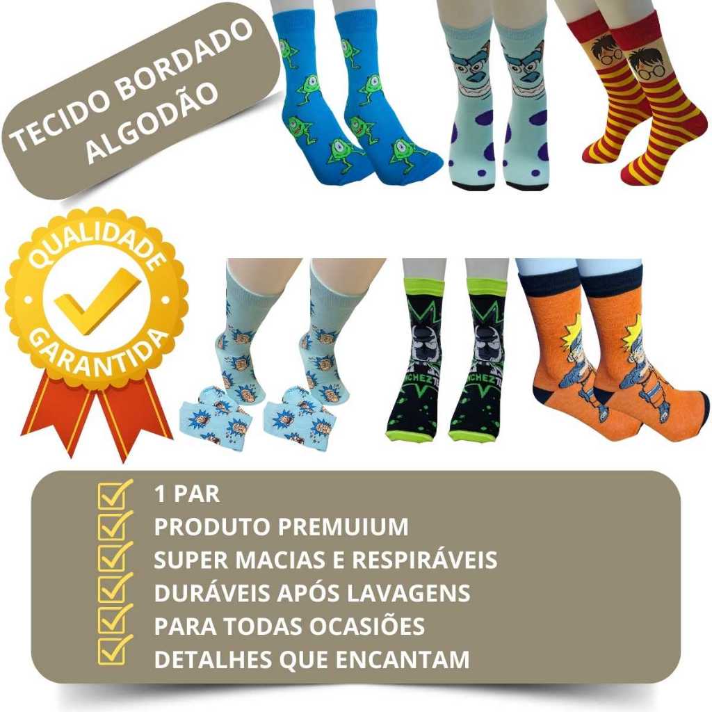 Meias Divertidas PERSONAGENS DIVERSOS Adulto Unissex - 1 Par - Tamanho ...