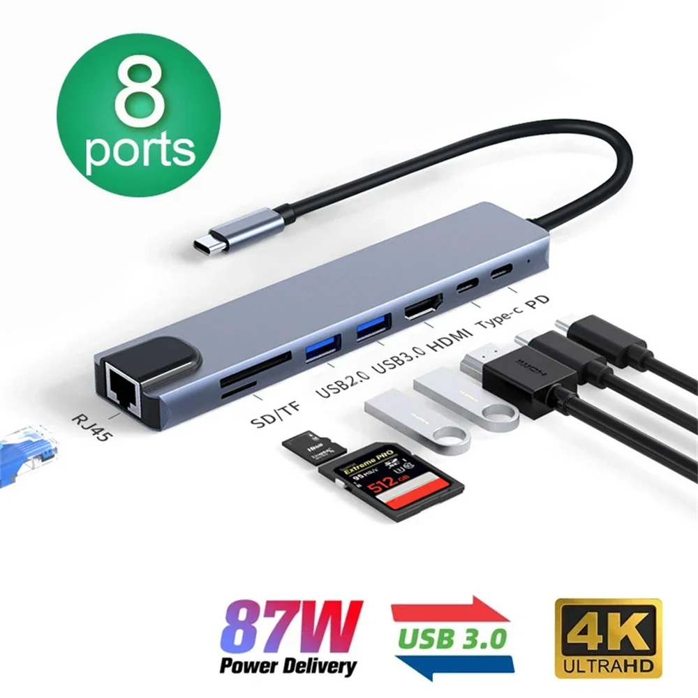Hub Adaptador Tipo C 8 Em 1 Sd Rj45 para Notebook E Computador 2 Usb Type C 2 Hdmi | Shopee Brasil