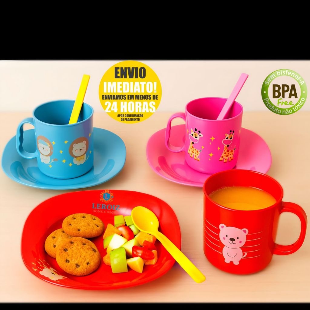 Kit merenda refeição 03 peças prato caneca colher de menina e de menino ...