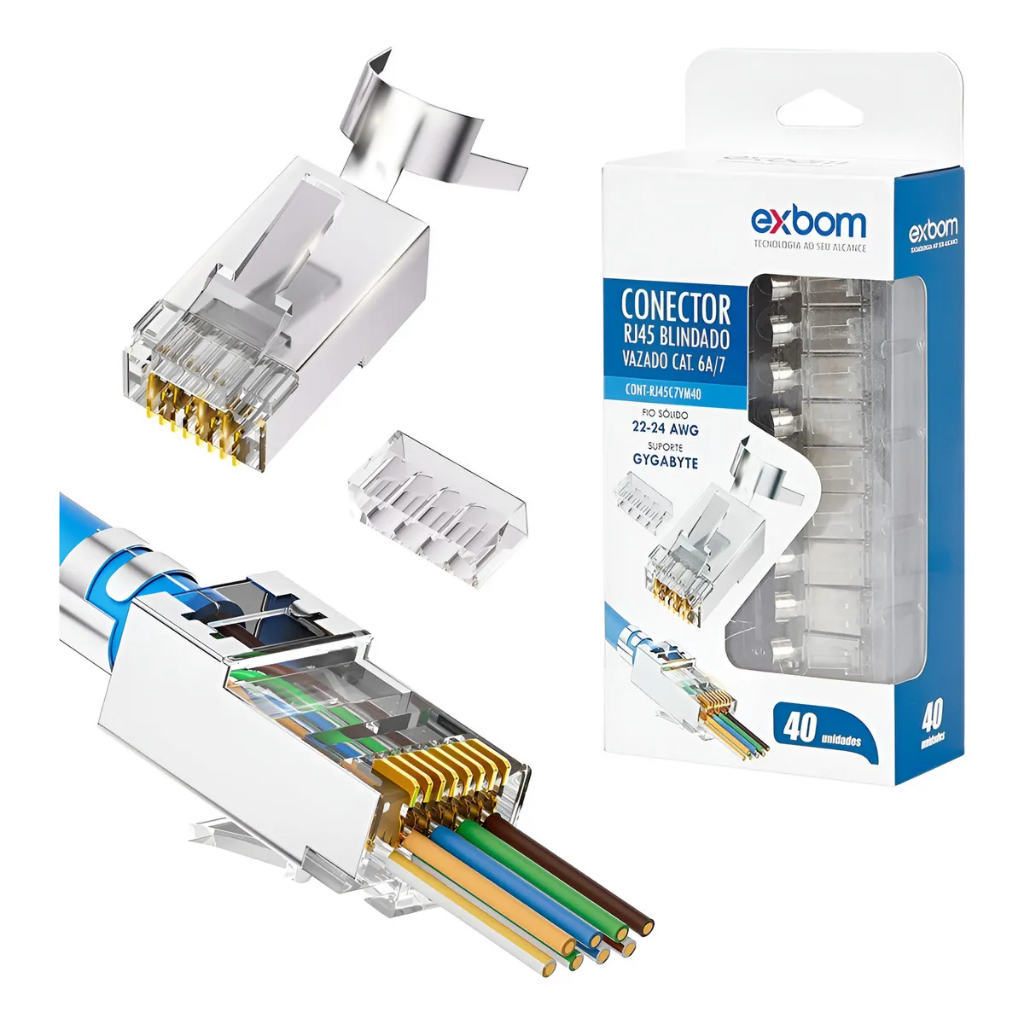Conector Cabo Blindado Vazado de Internet RJ45 Cat6/Cat6A/Cat7 Exbom 40 ...