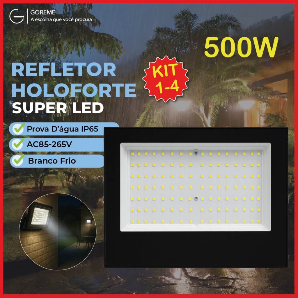 Kit 4 Holofote Refletor Led ECO Pro 500W Branco Frio 6500K (Luz Branca) | IP65 110V-220V Bivolt ...