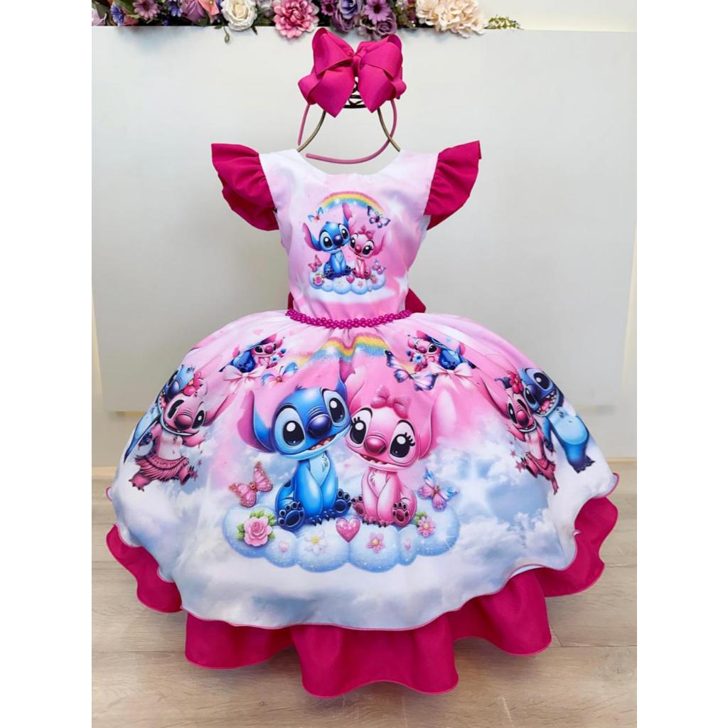 Vestido Infantil Pink Lilo Stitch e Angel Apaixonados Festas | Shopee ...