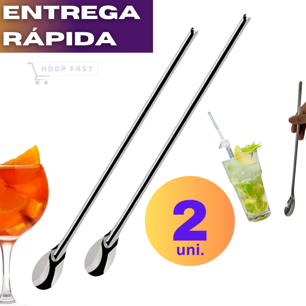 2 Colheres Longa 30cm Inox para Suco e Drinks Cabo Longo Material de ...