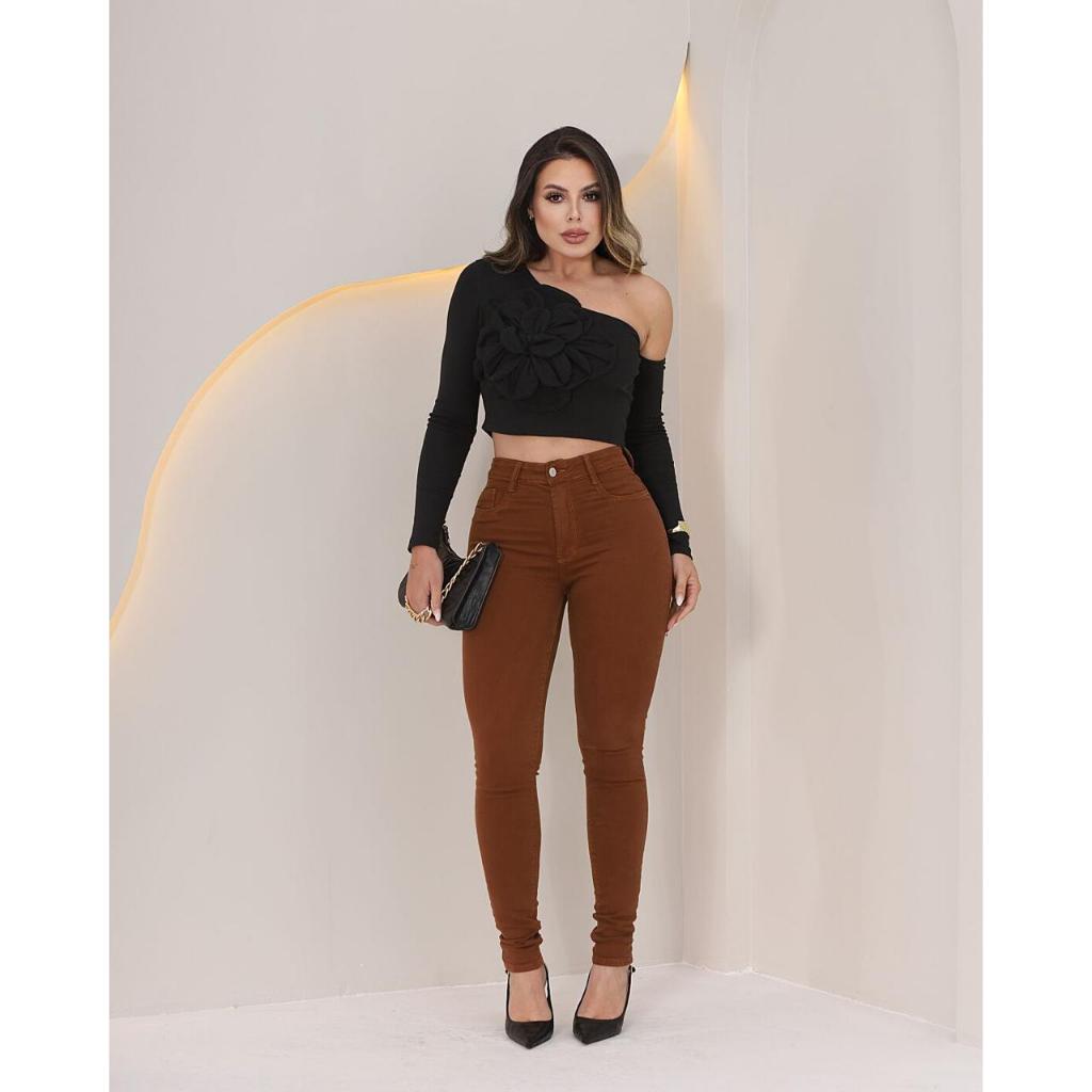 Calça Marrom Ferrugem Jeans Lisa Carmen Carmenere Feminino Cintura Alta ...