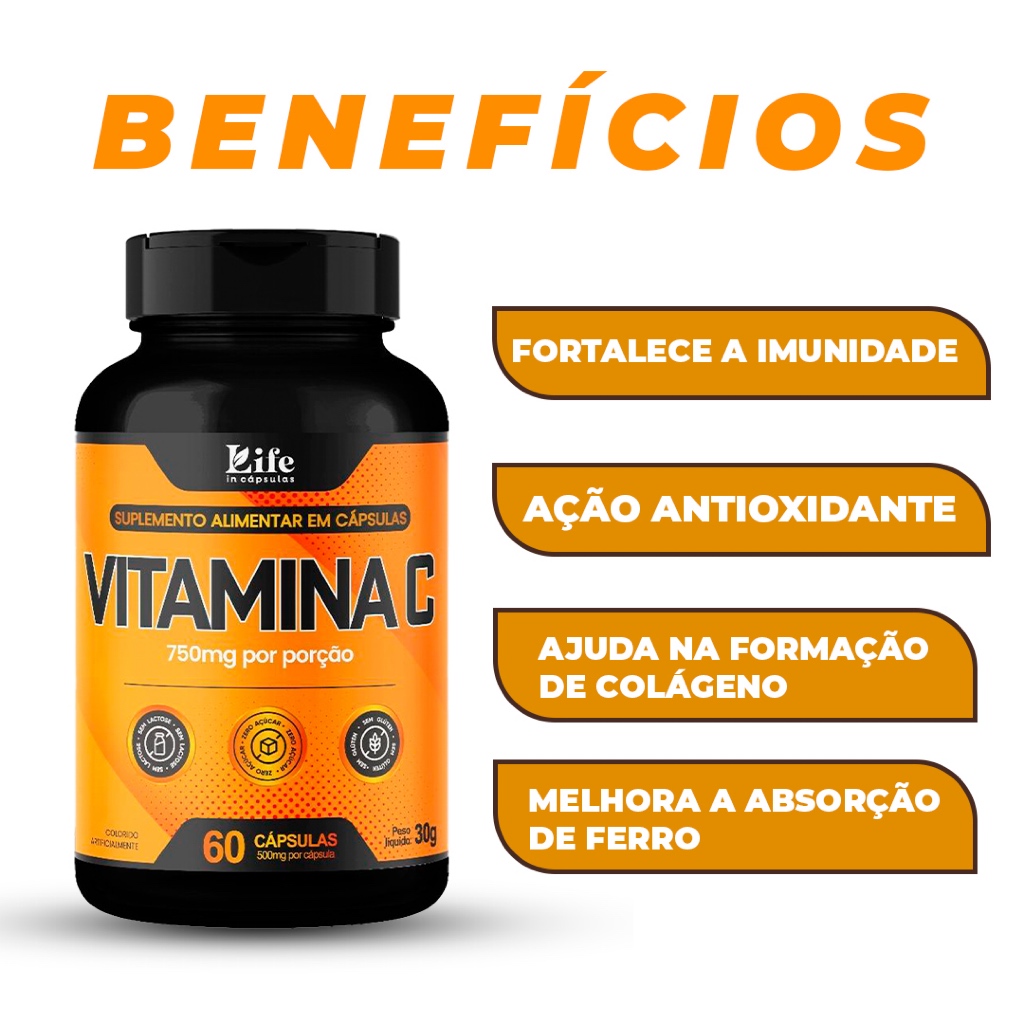 Vitamina C Life In | 750Mg - 60 Cápsulas | Suplemento Alimentar para ...