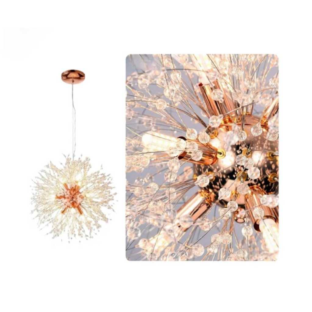Pendente Lustre Dente de Leão Cristal Rose - Cromado - Dourado 55 Cm ...